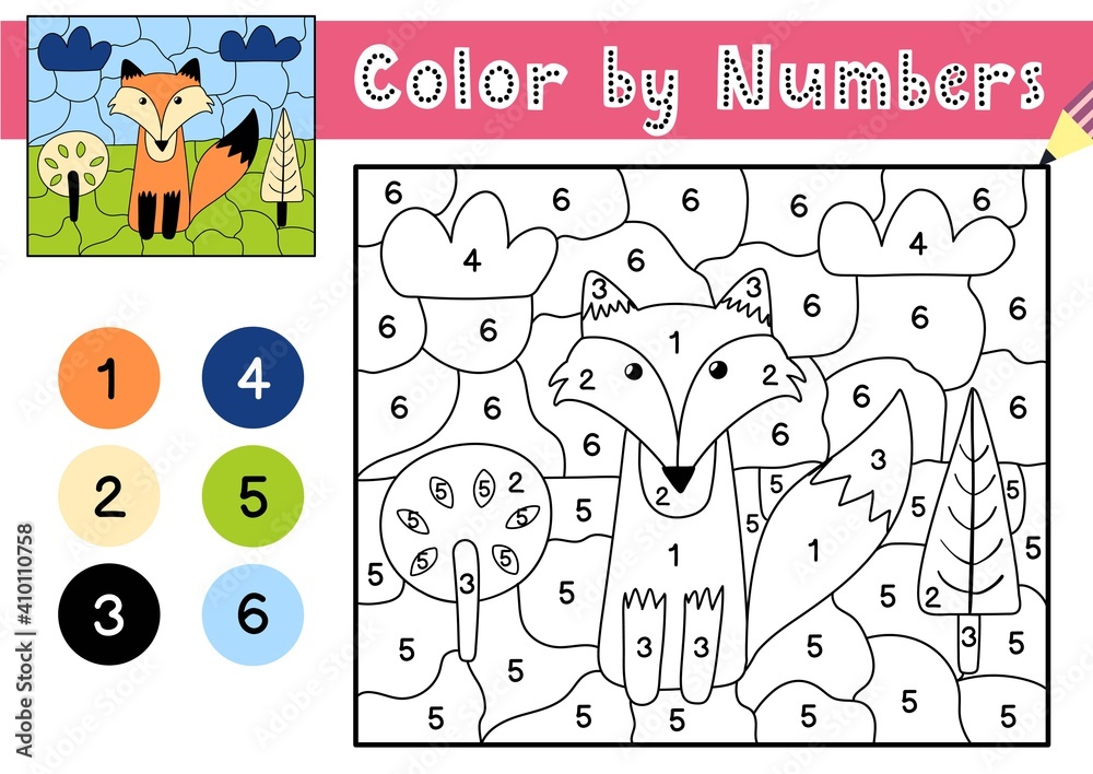 Color by numbers game for kids. Coloring page with a cute fox in the ...