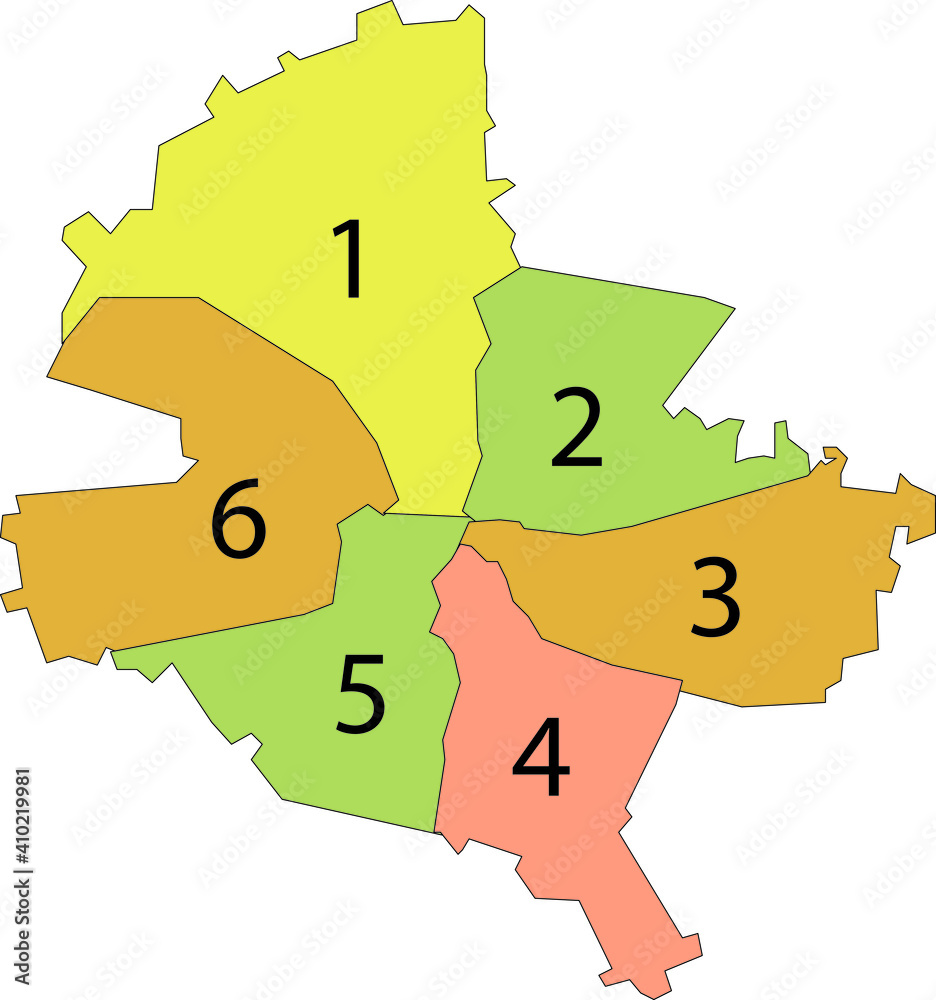 Simple vector pastel map with black borders and numbers of sectors ...