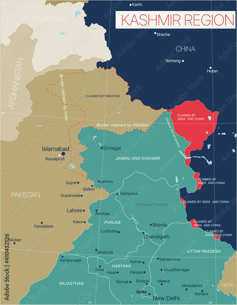 Vector de Stock Kashmir region detailed editable map with countries cities and towns. Vector EPS ...