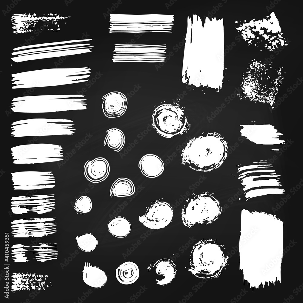 Set of vector white paint brush spots on chalkboard background. Big set ...