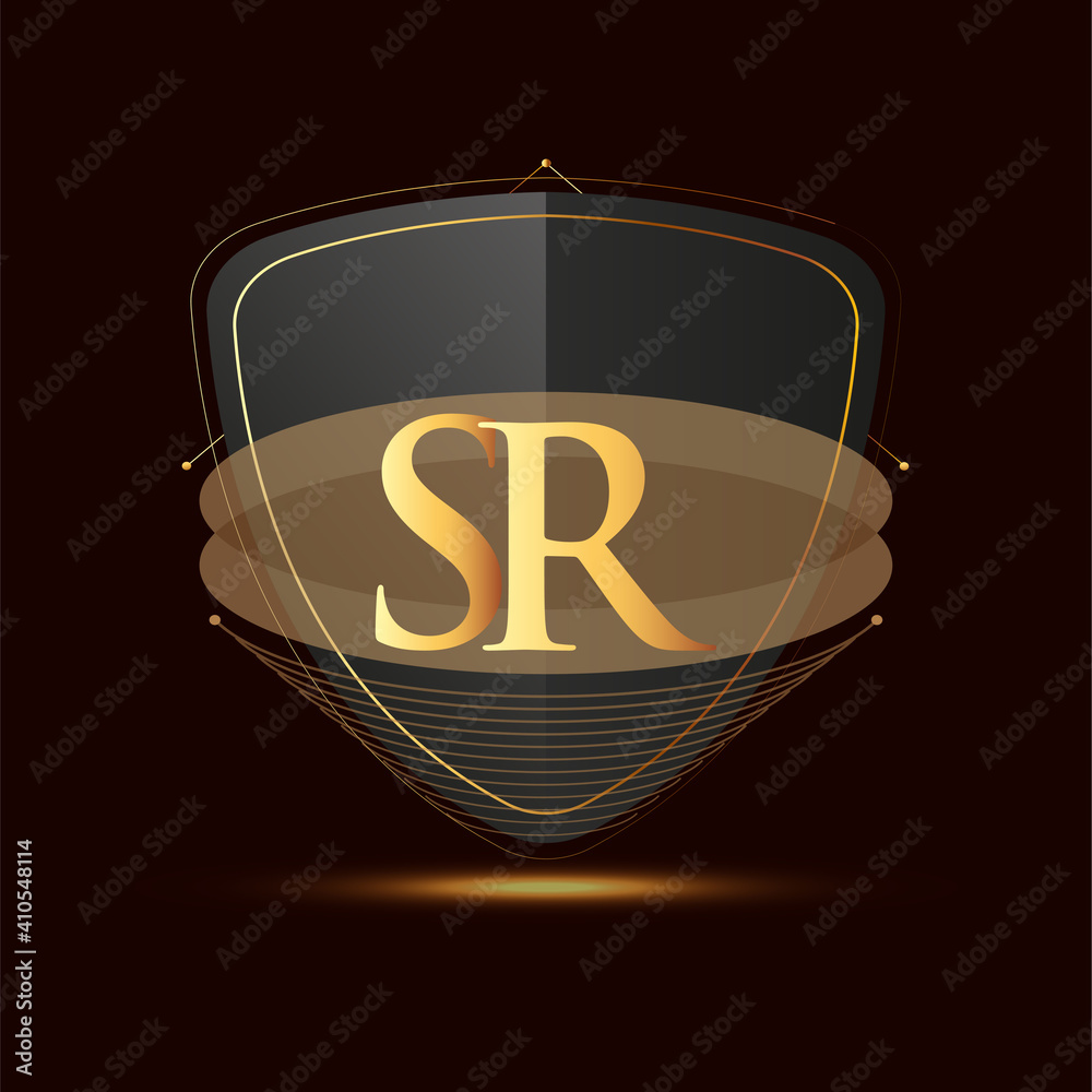 Initial logo letter SR with shield Icon golden color isolated on dark ...