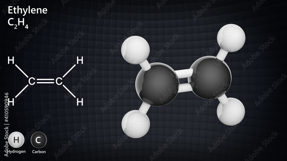 Structural chemical formula and molecular structure of Ethylene (C2H4 ...