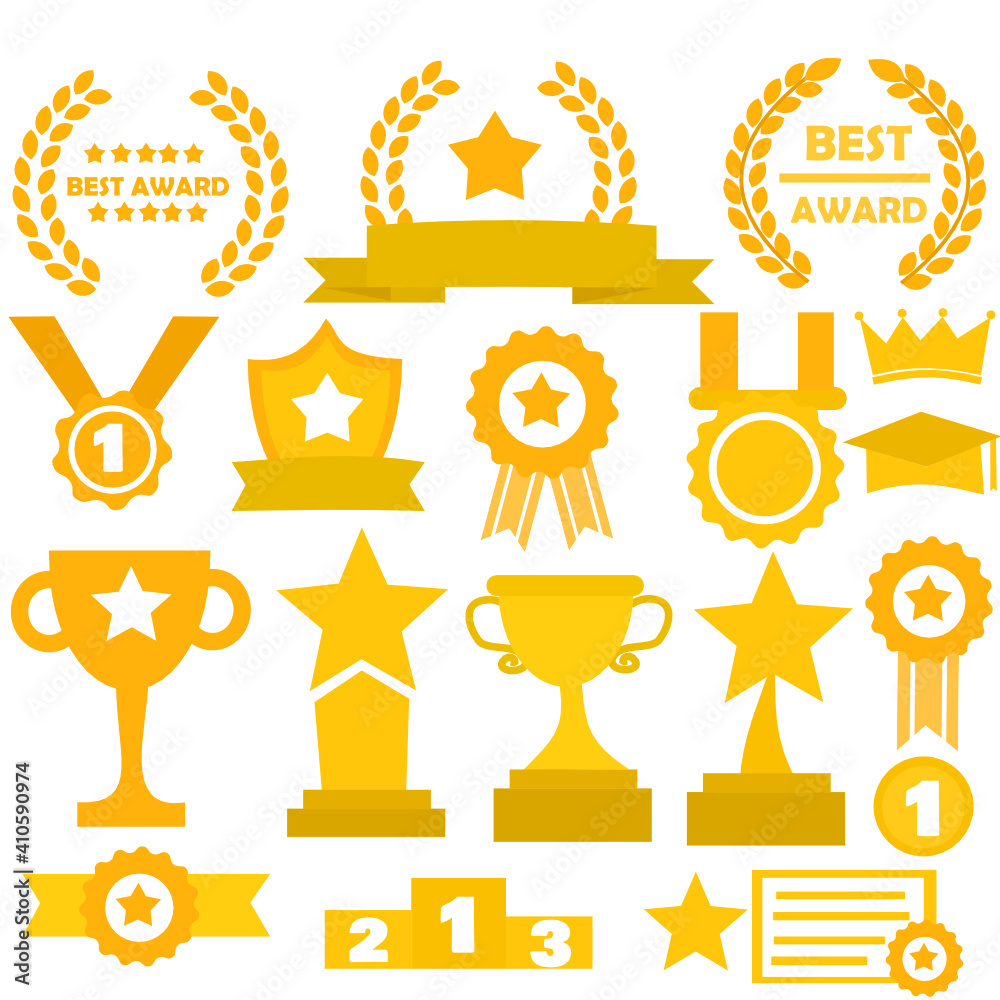 Set of awards and gold trophy cups.Laurel wreaths vector.Certificate of ...