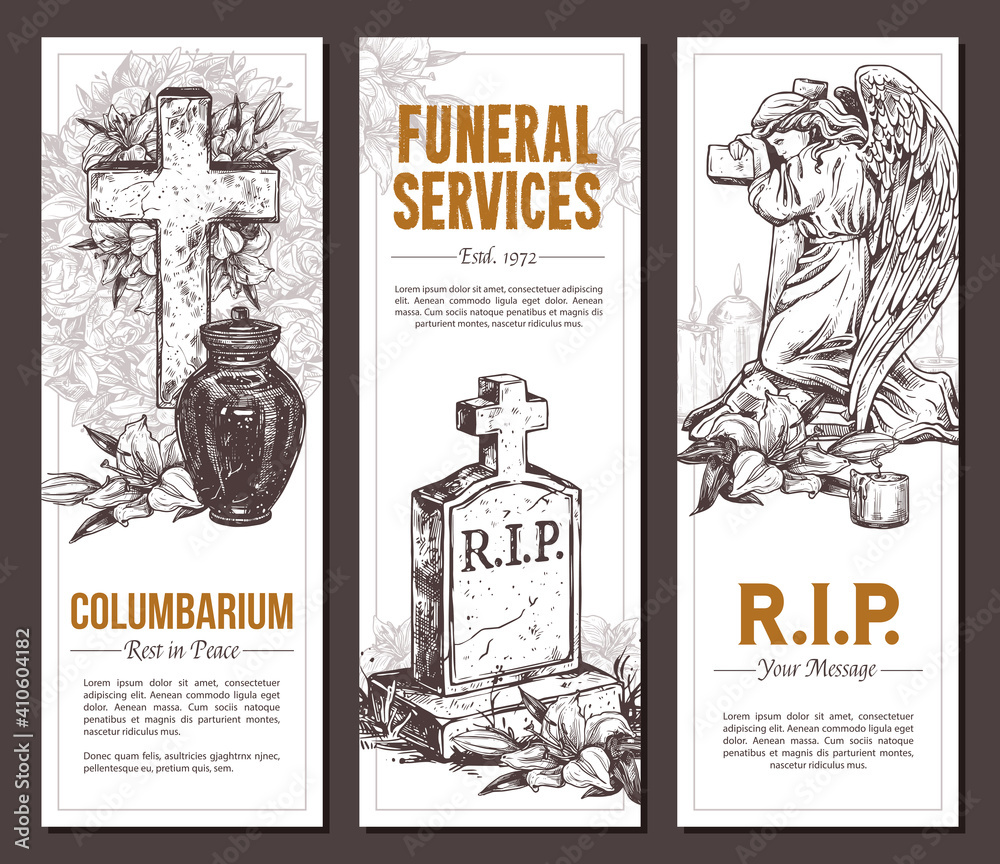 Funeral service vector hand drawn design of banners. Sketch ...