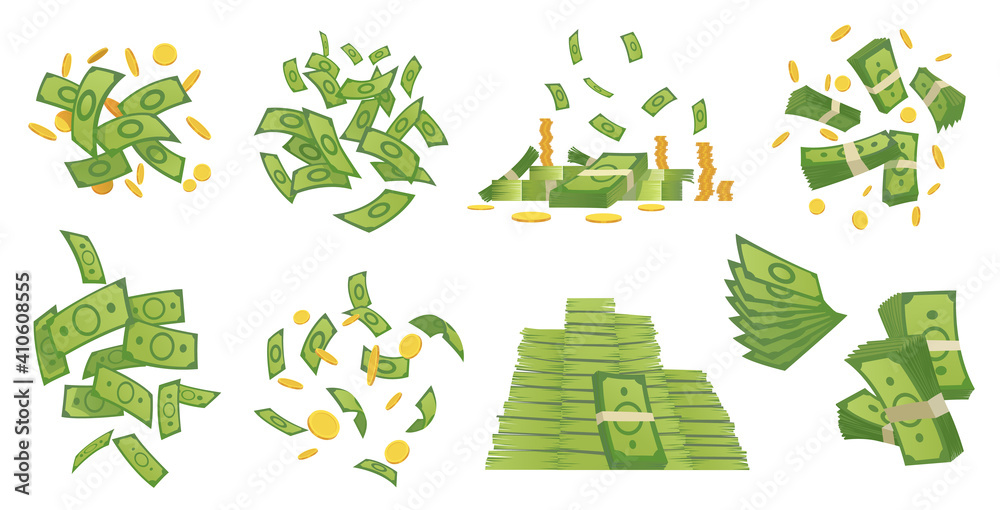 Cartoon money collection. Green banknote and gold coins cartoon ...
