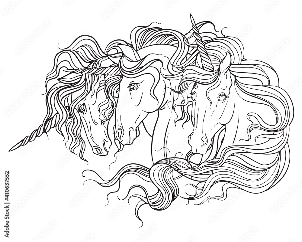 Unicorns portraitss vector illustration coloring book page Stock Vector ...