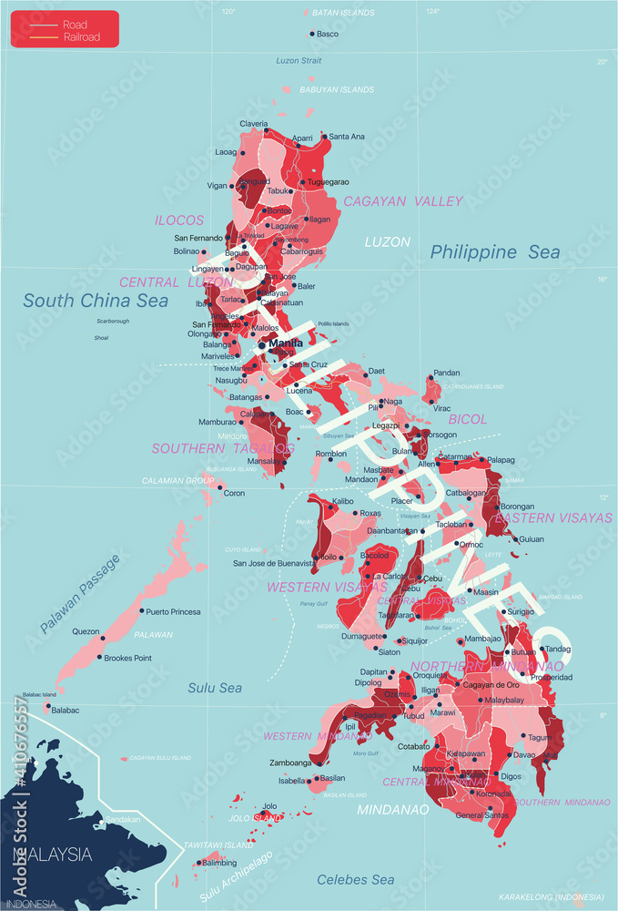 Philippines detailed editable map with regions cities and towns, roads ...