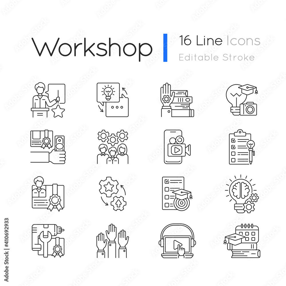 Workshop linear icons set. Knowledgeable presenter. Sharing experience ...
