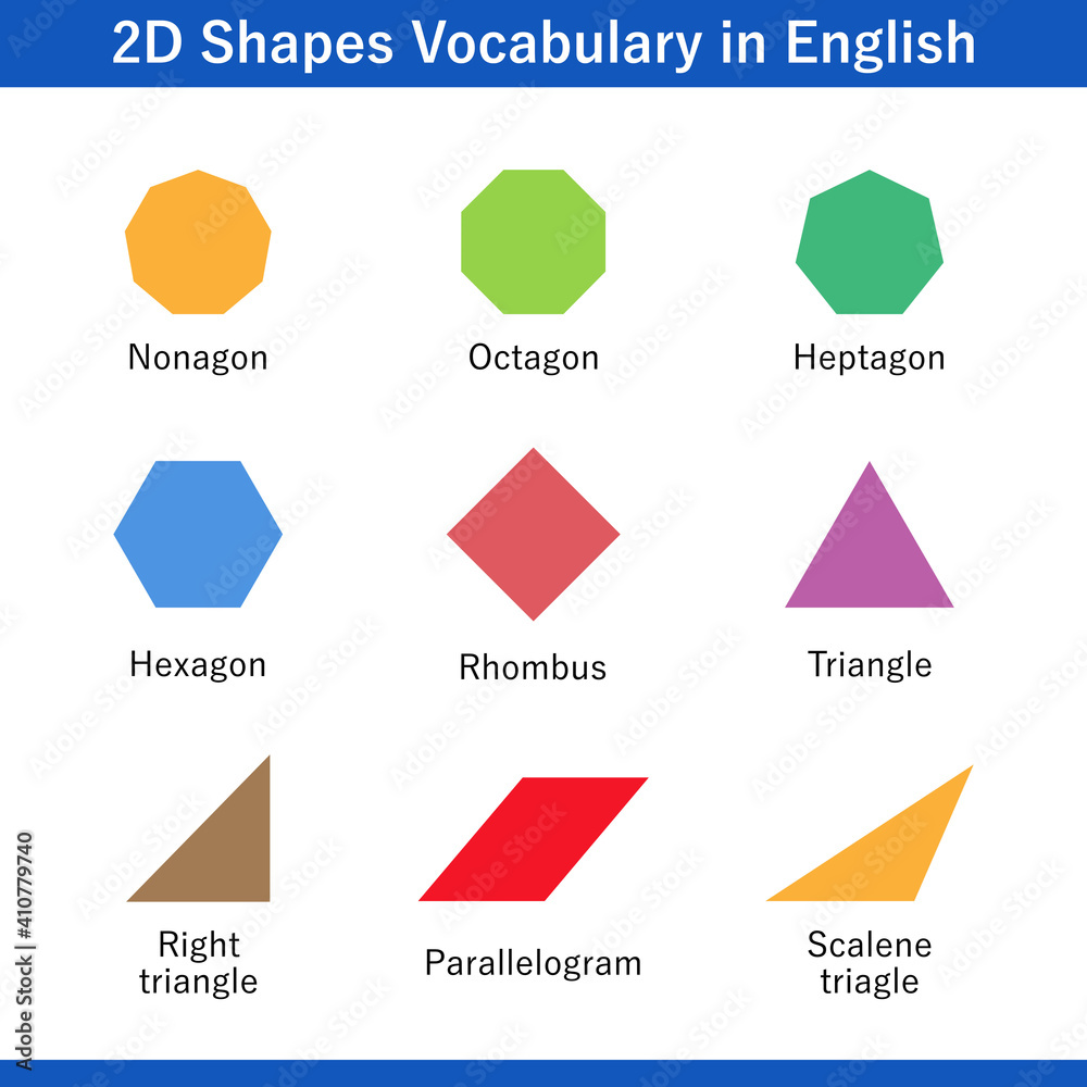 set of 2D shapes vocabulary in english with their name clip art collection for child learning ...