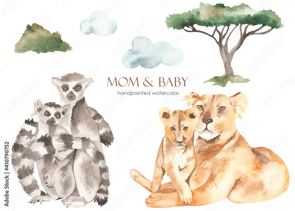 Watercolor set mom and baby Africa lions, lemurs, acacia, bush, clouds ...