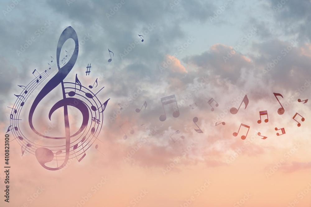 View of beautiful sky with clouds and flying music notes Stock Photo ...