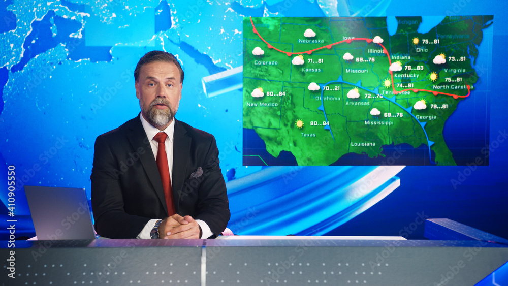 Live News Studio Professional Anchor Reporting on Weather Forecast ...