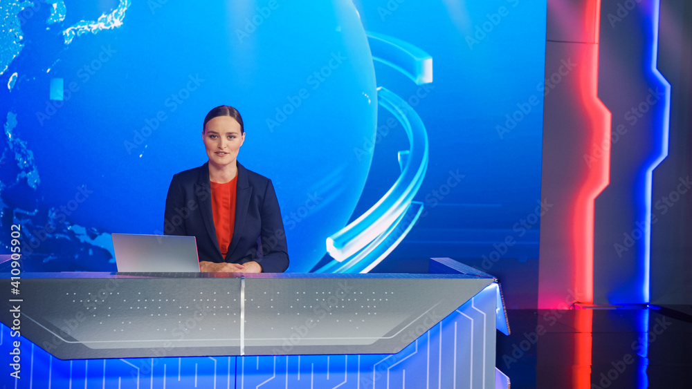 Live News Studio with Professional Female Newscaster Reporting on the ...