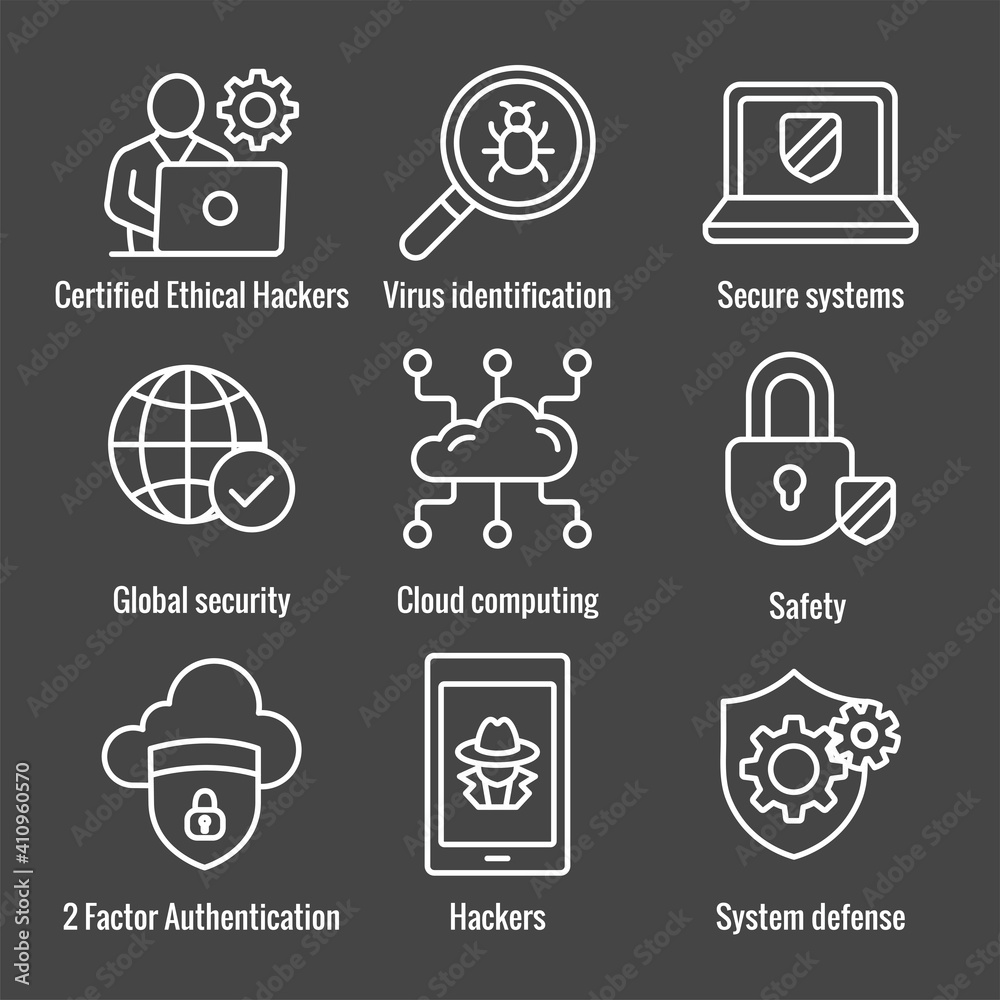 Certified Ethical Hacking CEH icon set showing virus, exposing vulnerabilities, and hacker Stock ...