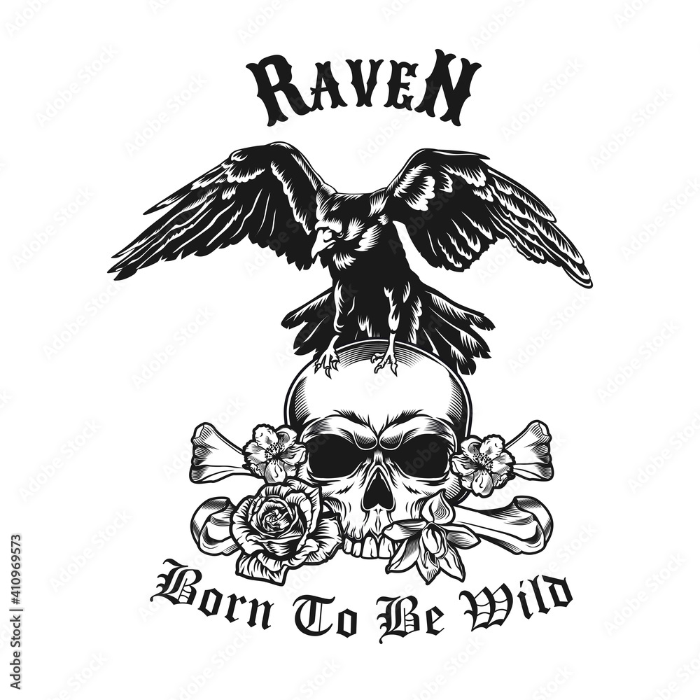 Raven with skull emblem design. Monochrome element with wild crow ...