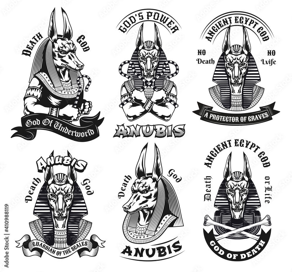 Anubis tattoo templates set. Monochrome design elements with ancient ...