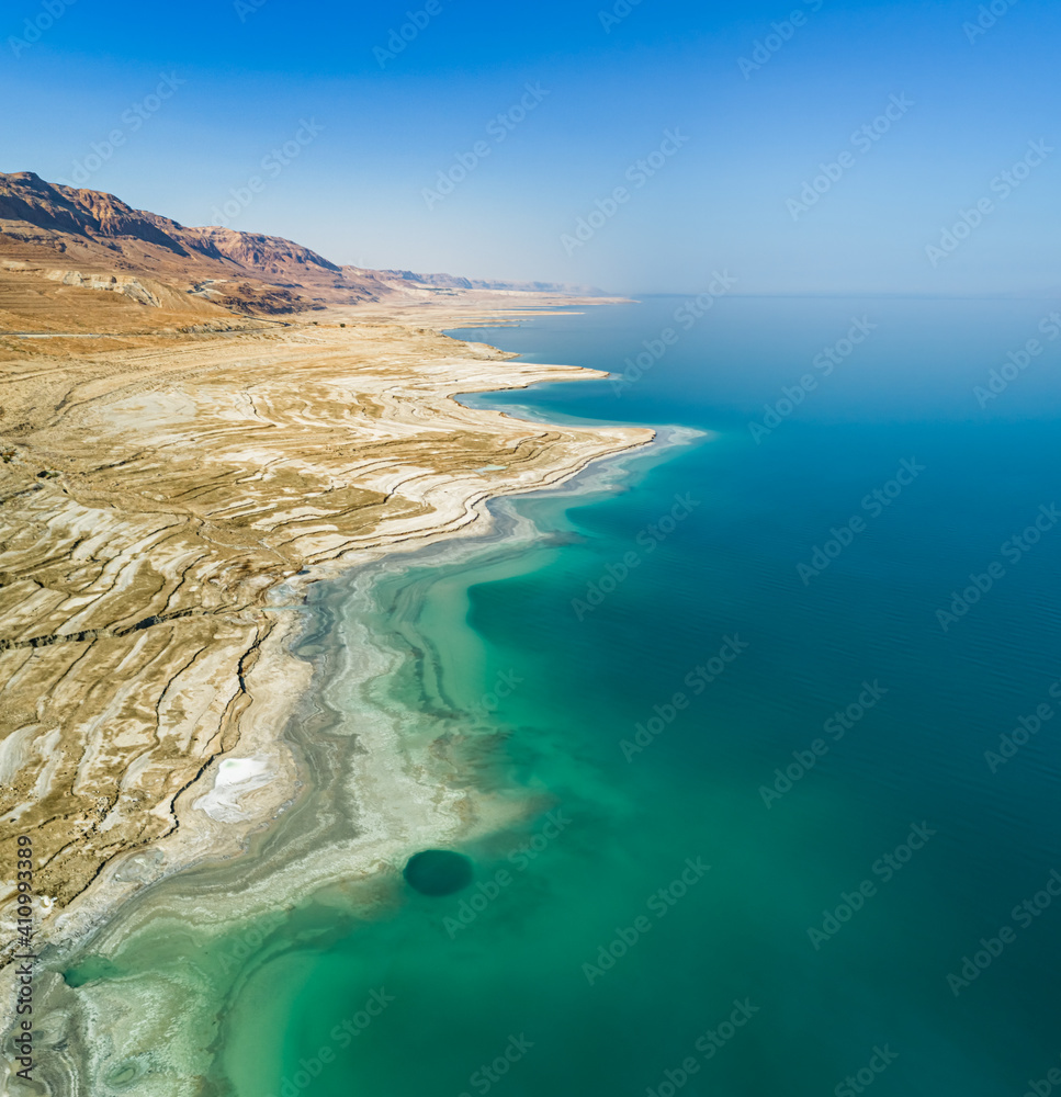 Aerial view of the Dead sea and its growing shoreline as the water ...