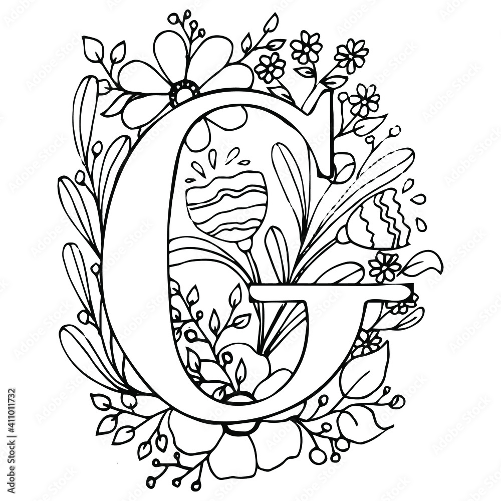 Letter G. Coloring - Anti-stress floral motifs. Alphabet symbols collection. Vector illustration ...