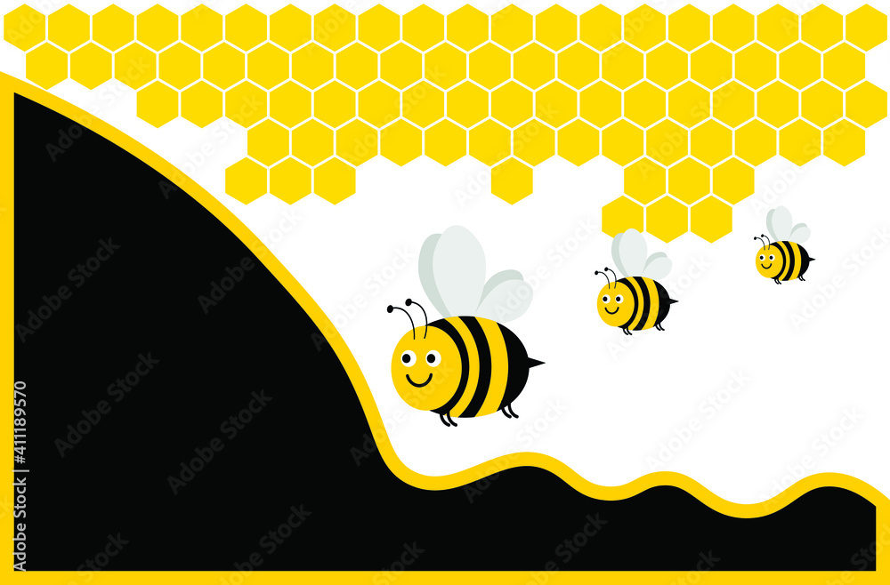 vector poster with honeycombs and bees. flat illustration of a banner ...