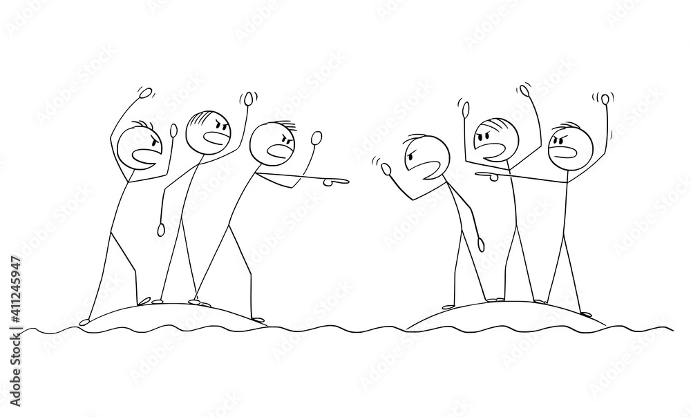 Two groups of angry people or nations fighting and arguing fro close ...