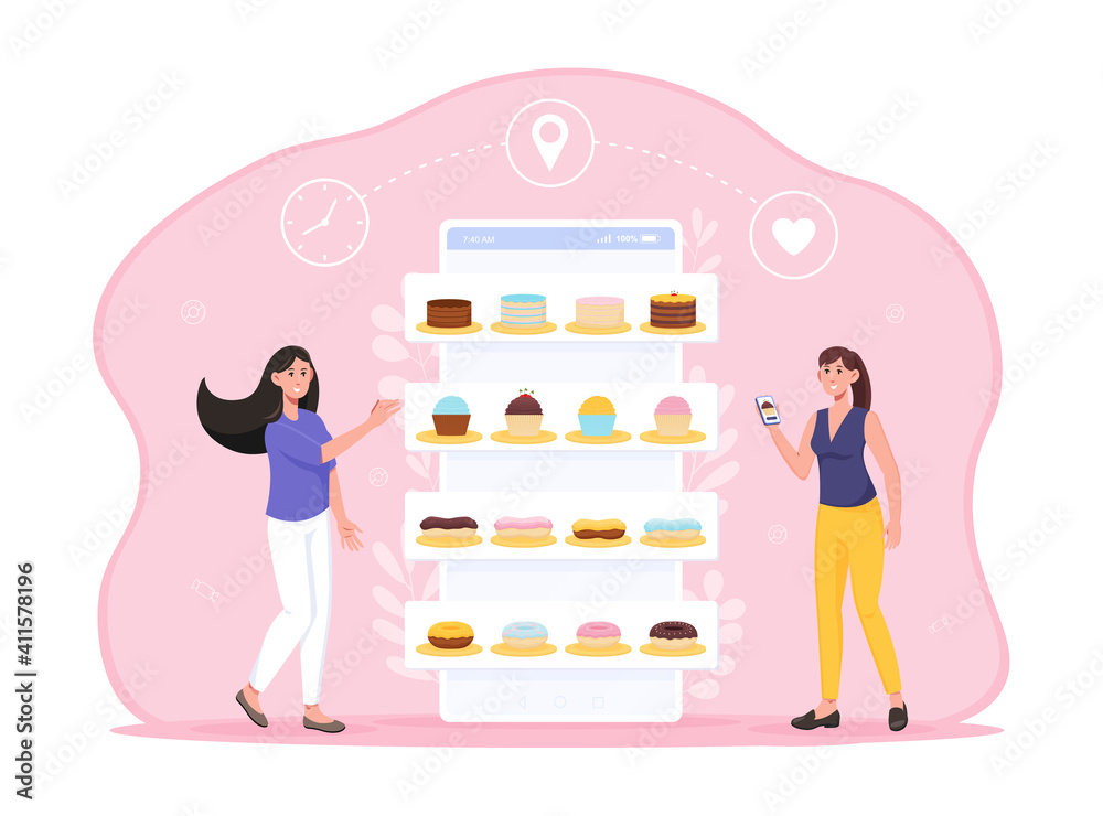 Two female characters are ordering cakes online. Woman holding ...