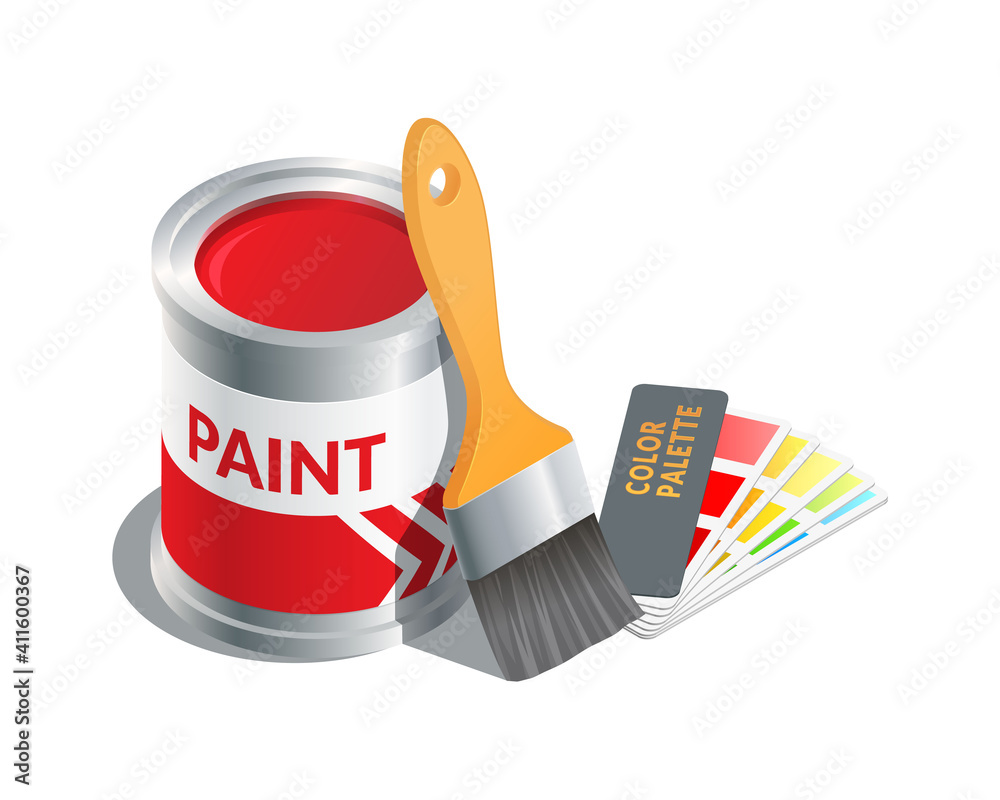 Isometric vector illustration open red paint bucket, brush and color ...