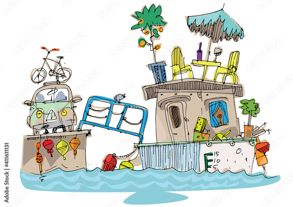 Cute boat house with furniture on top and on the deck. Cartoon ...