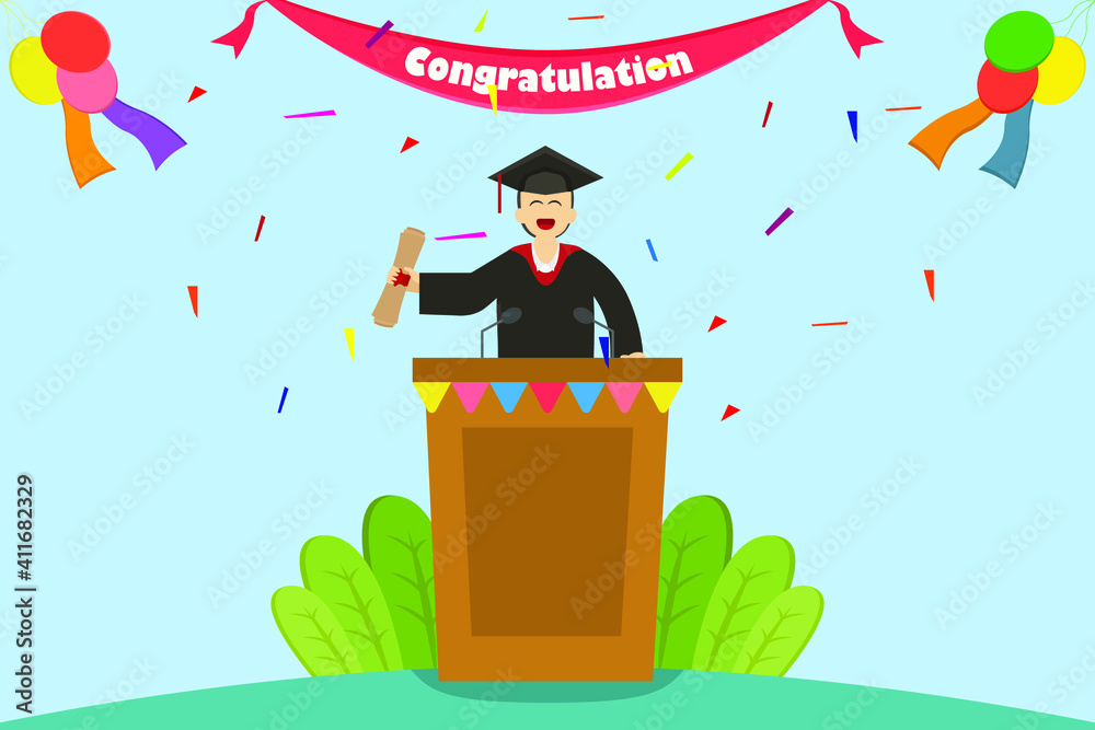 Graduation vector concept: University student speaking in her ...