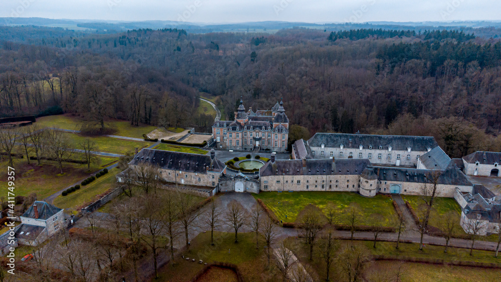 Aerial view of Modave Castle (Château de Modave) and its dependencies ...