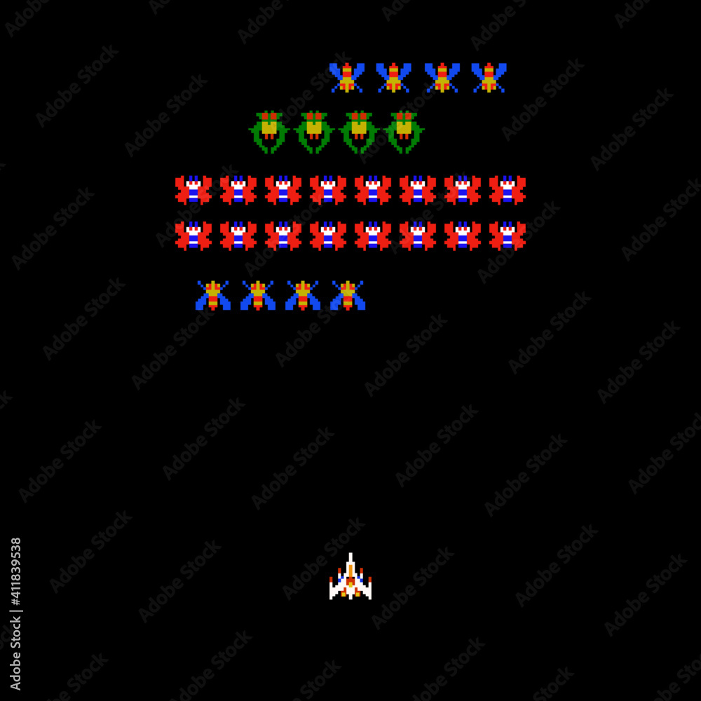 Retro styled spaceship shooting video game galaxy or space scene ...