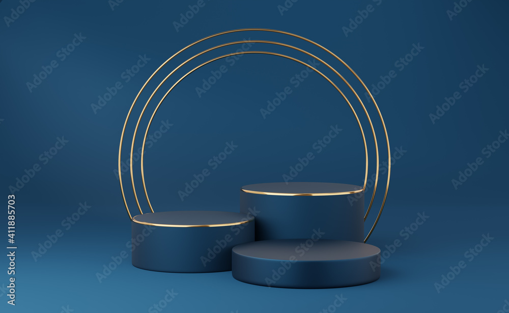 Empty blue cylinder podium with gold border and 3 gold circle on blue ...