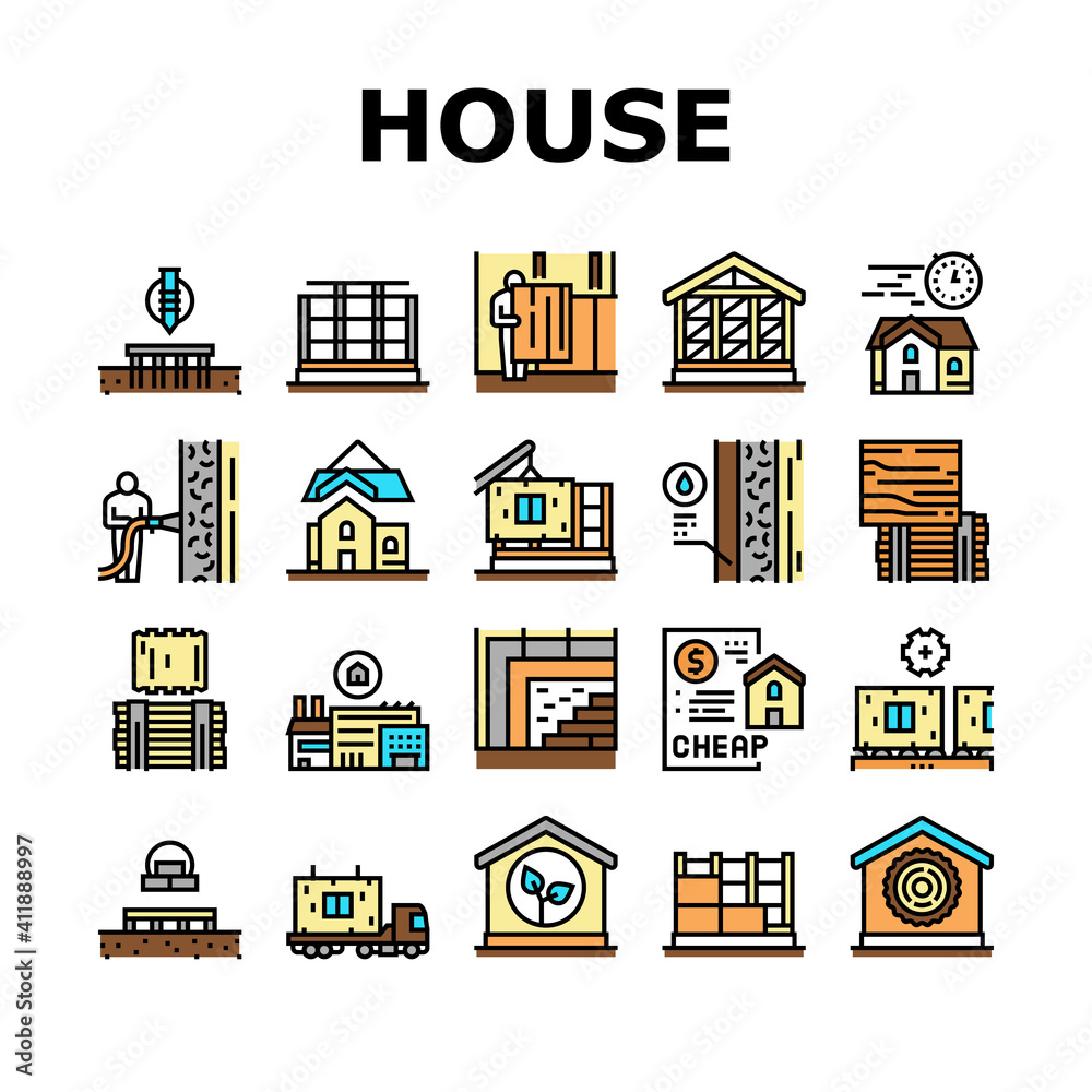 Timber Frame House Collection Icons Set Vector. Pile Screw Foundation ...