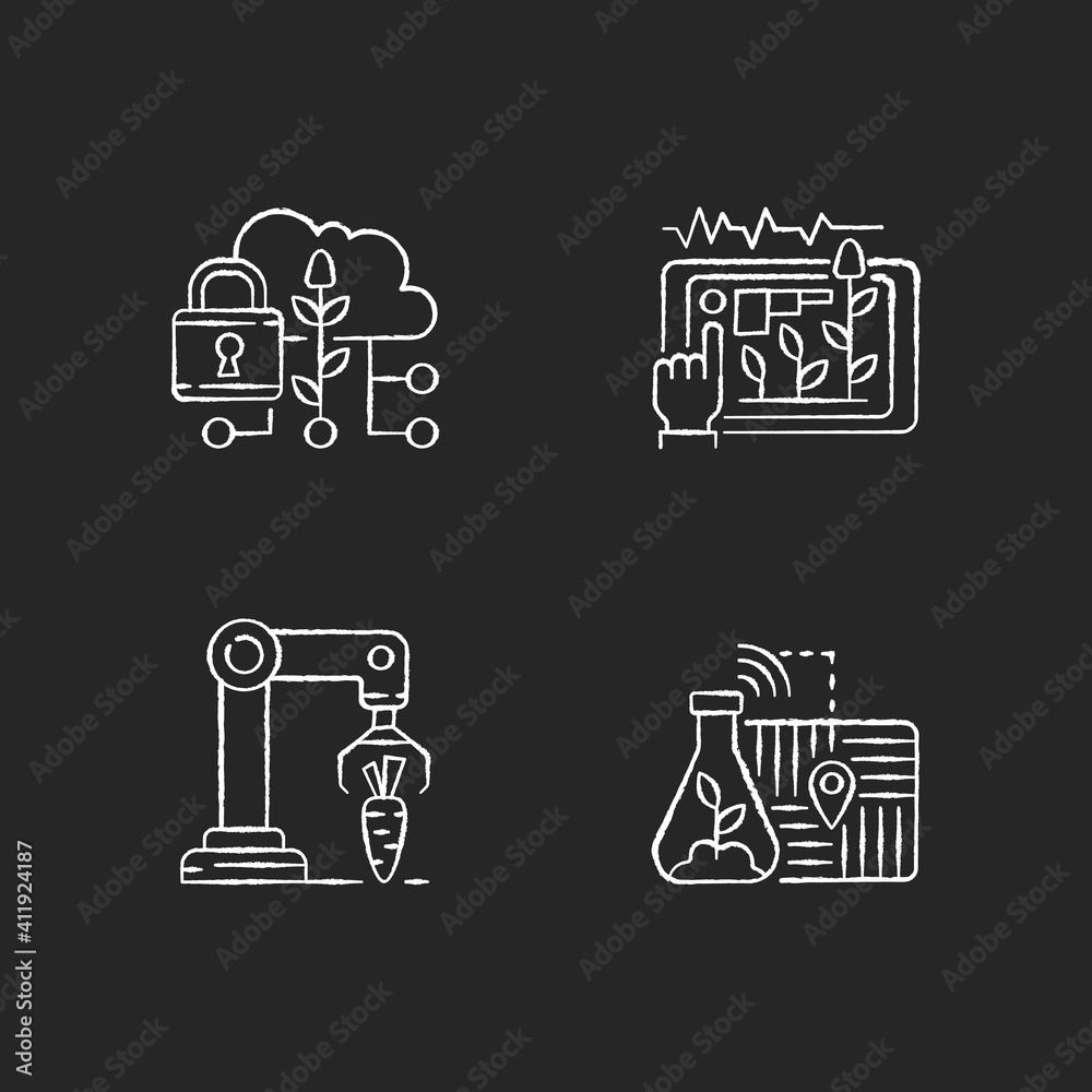 Automation of agronomy RGB chalk white icons set on black background ...