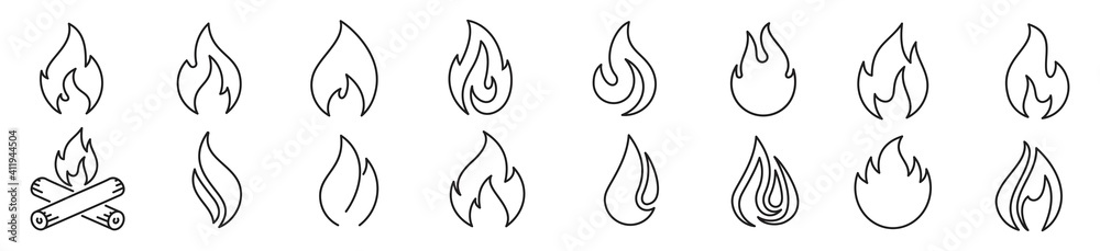 fire flat line icons, flames, flame of various shapes, bonfire vector ...