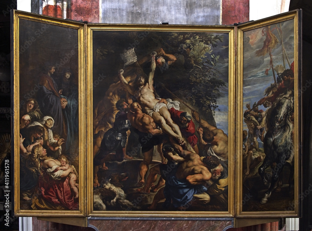 Painting The raising of the cross by Peter Paul Rubens in the Cathedral of Our Lady in Antwerp ...