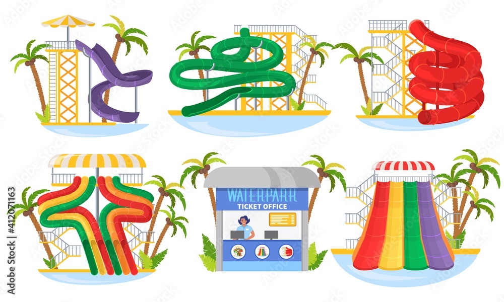 Water park slide set, flat vector isolated illustration. Waterpark ...