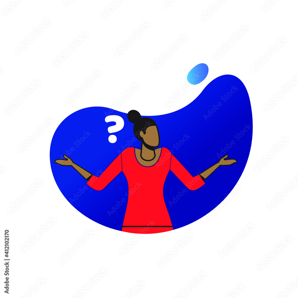 Cartoon pretty black girl doubts, thinks why. Woman with question mark ...