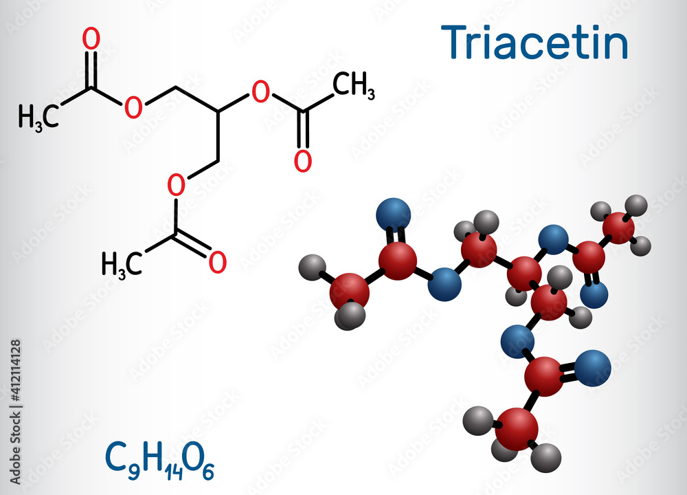 Triacetin, glycerin triacetate molecule. It is triglyceride, triester ...