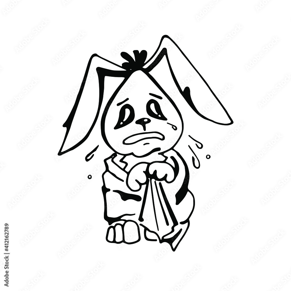 The rabbit is in a bad mood, wrapped in a blanket and crying.Vector ...