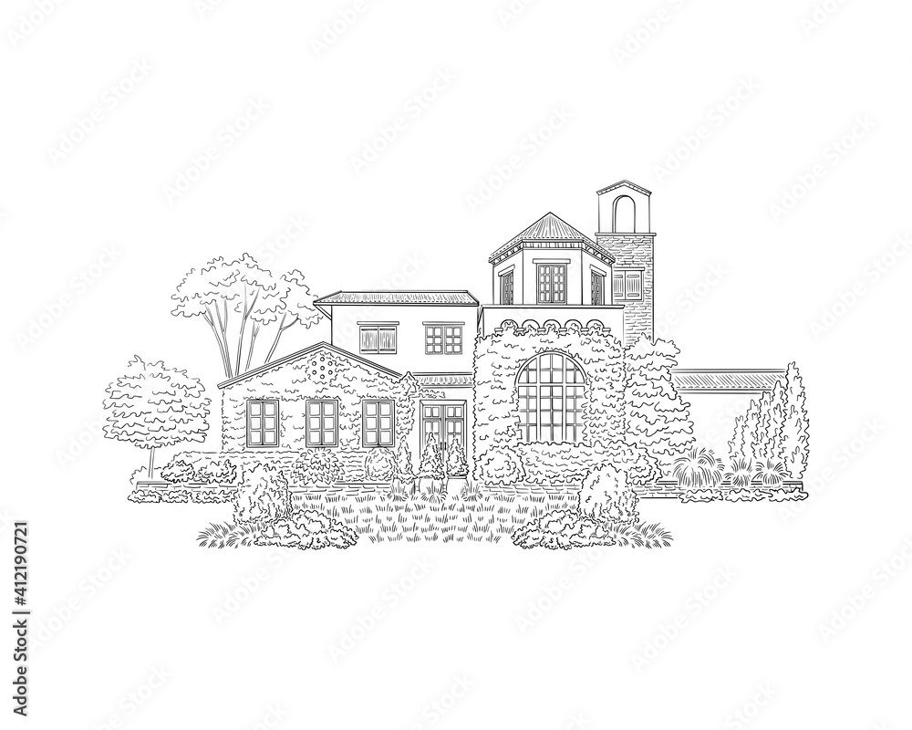 Vector illustration with style mansion, estate, Historic Building ...