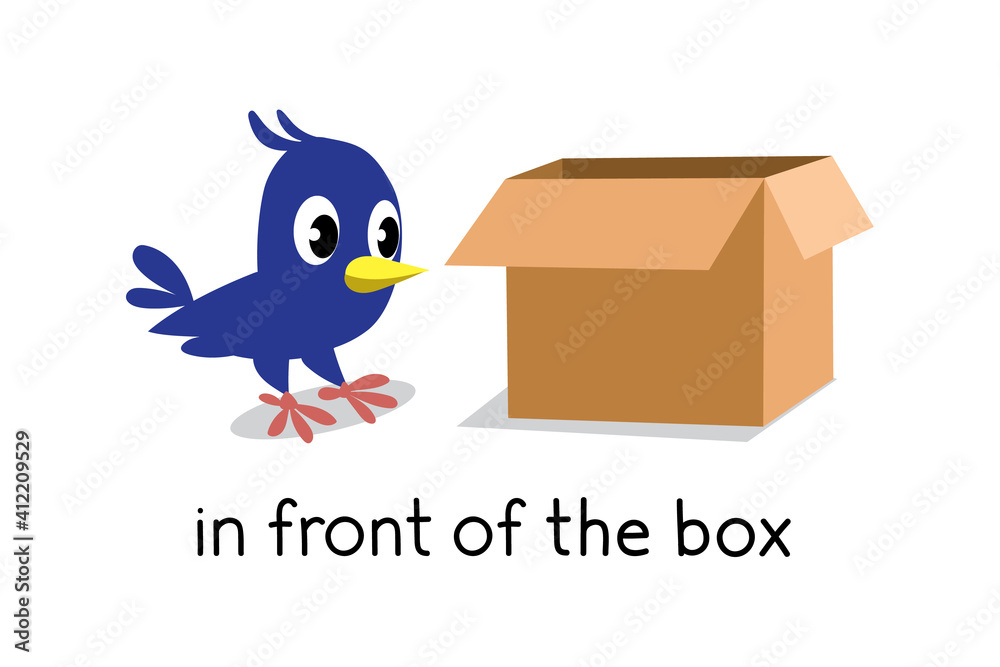 Preposition of place. Bird in front of the box Stock Vector | Adobe Stock