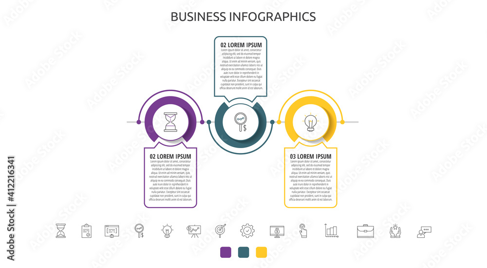 Circles vector line infographic with 3 step, icons. Timeline used for ...