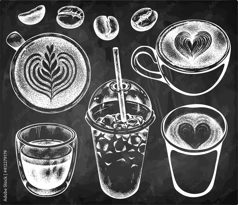 Stock Vektorgrafik Sketch set of cups with coffee on blackboard chalkboard. Espresso cappuccino latte iced coffee coffee beans. Vintage retro style food background. Vector illustration. Ink drawing dr...