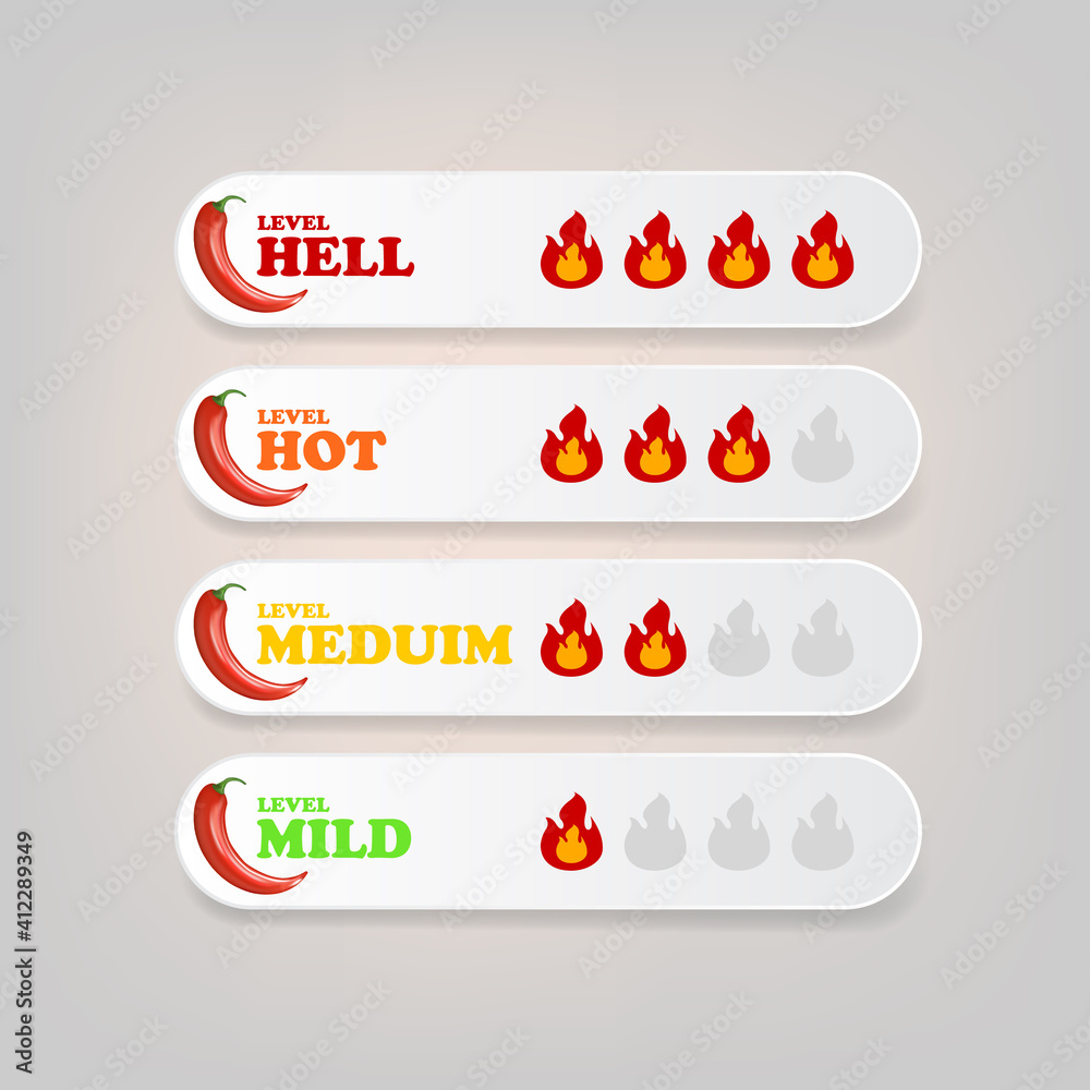 Vetor Spicy hot red chili pepper banners or stickers set with flame and ...