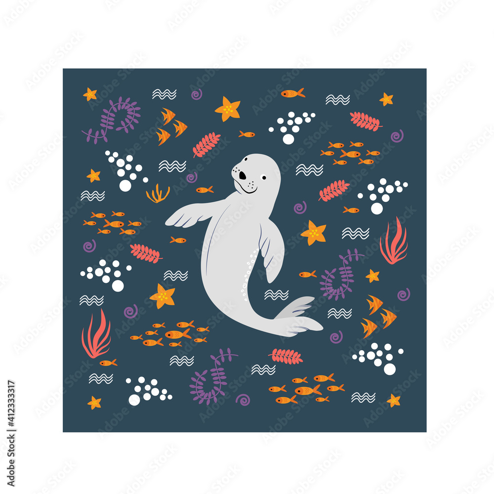 Swimming Fur seal, sea bear, monk seal, exotic fish and sea star ...