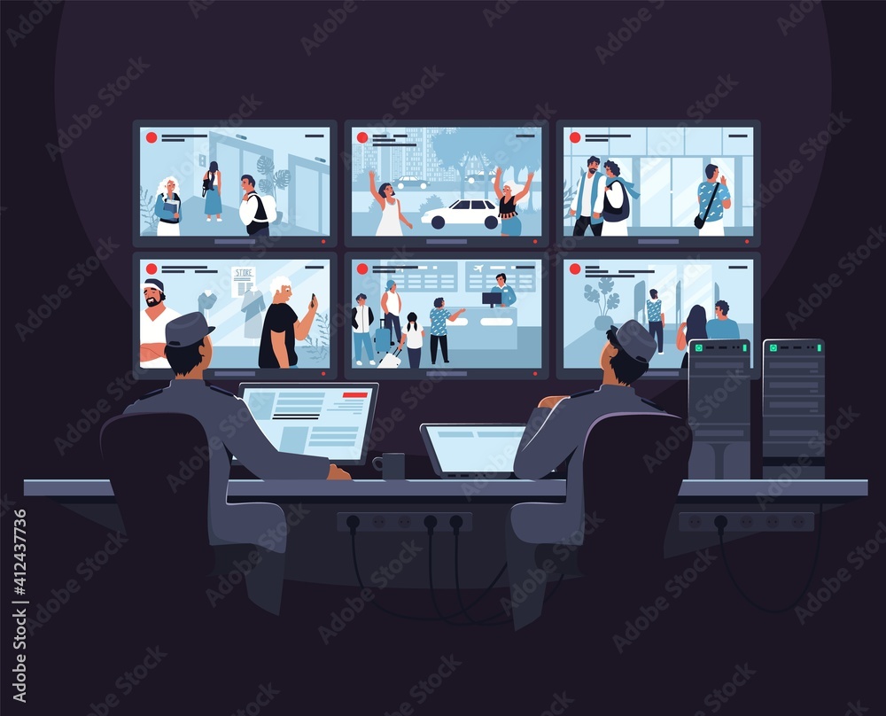 Security room. Two male security guard cartoon characters monitoring ...