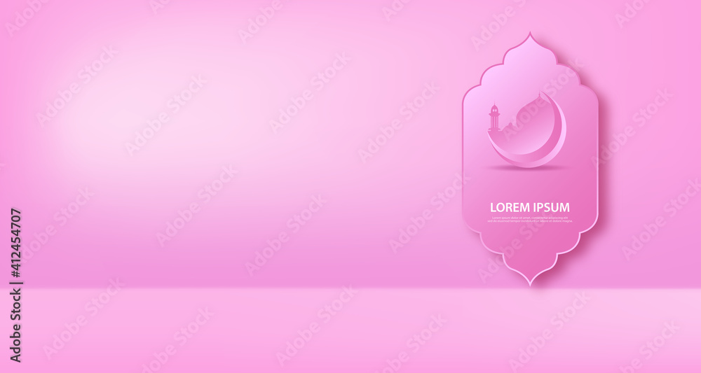 Beautiful pink islamic background with moon and mosque. Celebration ...