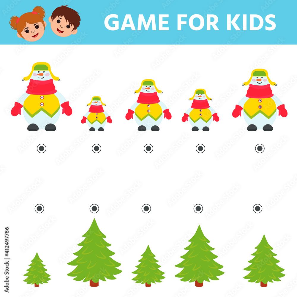 Game for kids.Connect the height of the snowman and the Christmas tree ...