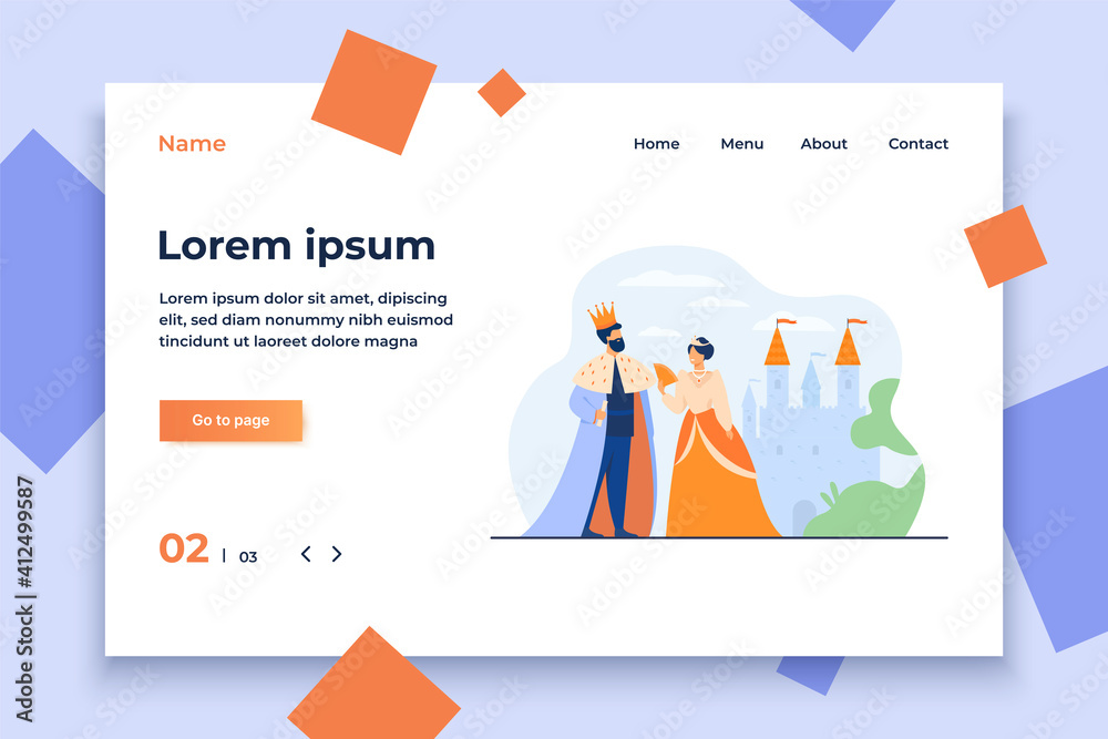 Image vectorielle Stock King and queen standing in front of castle flat ...