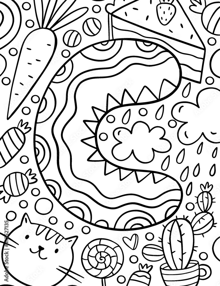 Coloring page Alphabet for kids with cute characters in doodle style ...